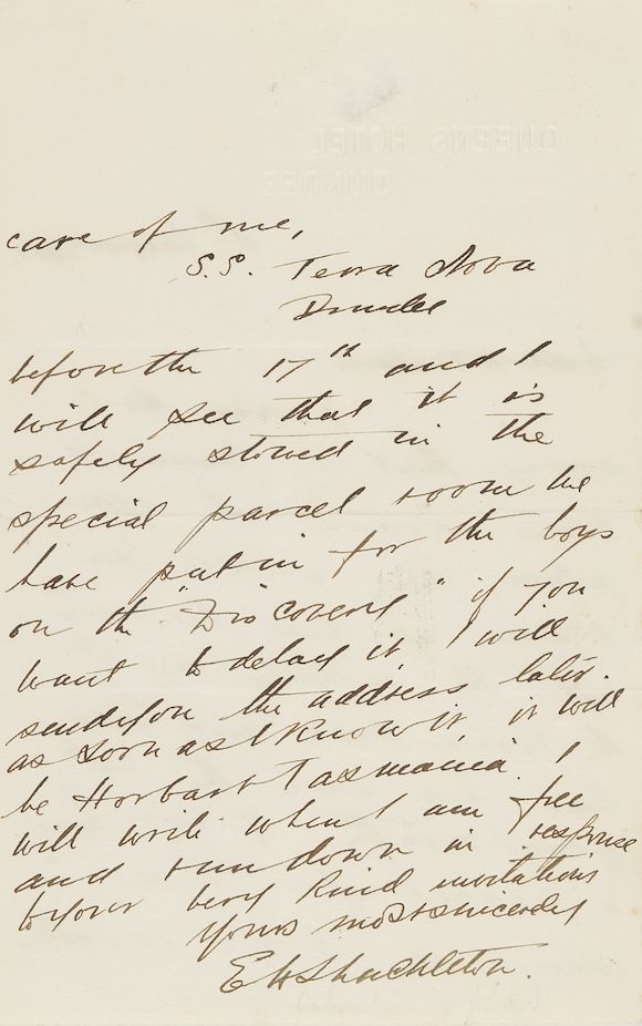 Bonhams : SHACKLETON, ERNEST. 1874-1922. Autograph Letter Signed (E.H ...