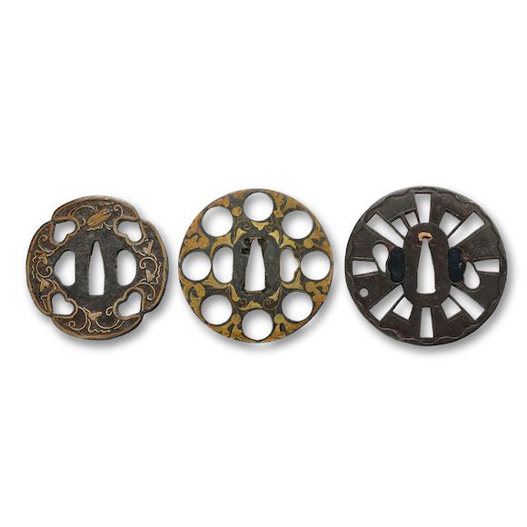 Bonhams : Two brass-inlaid iron tsuba and an iron sukashi tsuba Edo ...