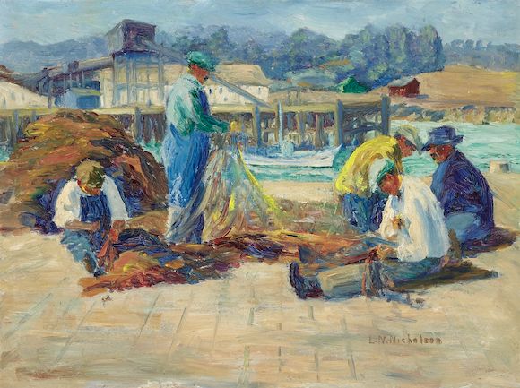 Bonhams : Lillie May Nicholson (1884-1964) Monterey fishermen tending ...