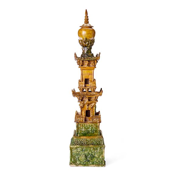 Bonhams : A Rare large green and straw-glazed pottery model of a pagoda ...