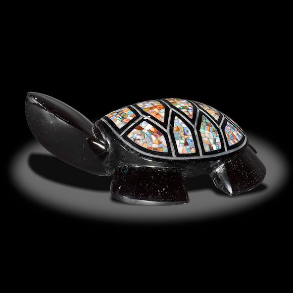 Bonhams : Black Obsidian and Inlaid Opal Carving of a Turtle