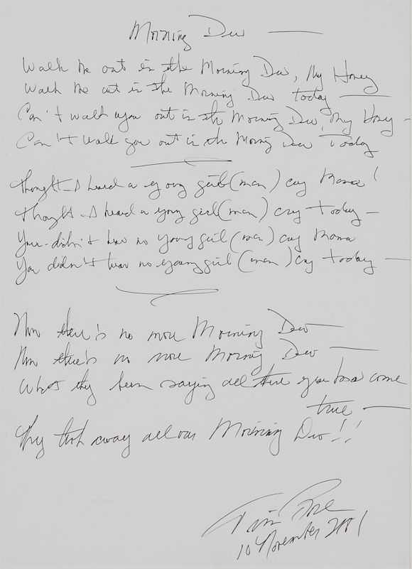 Bonhams : Tim Rose handwritten Morning Dew lyrics 2001
