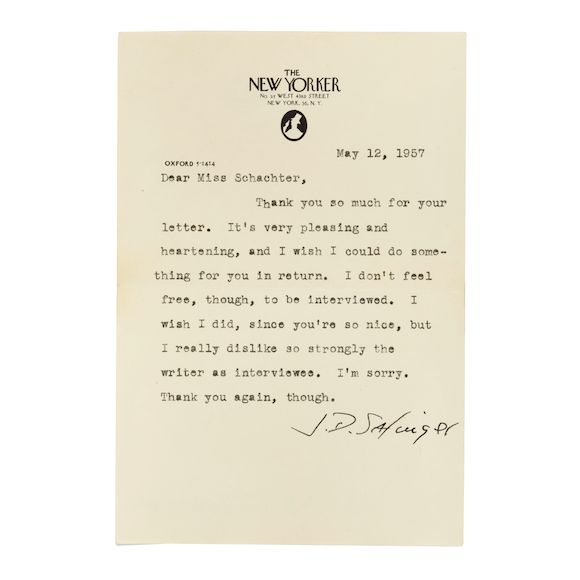 Bonhams : SALINGER, JEROME DAVID. 1919-2010. Typed Letter Signed ("J.D ...