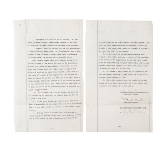 Bonhams : RAND, AYN. 1905-1982. Document Signed twice (Ayn Rand O ...