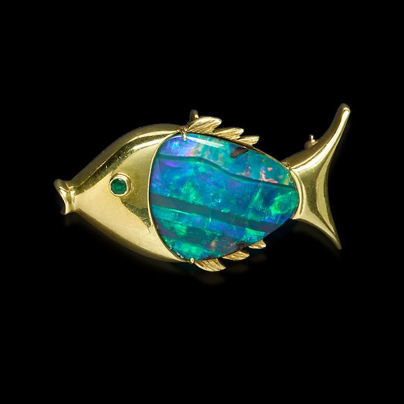 Bonhams : Ribbon Pattern Black Boulder Opal Fish Brooch