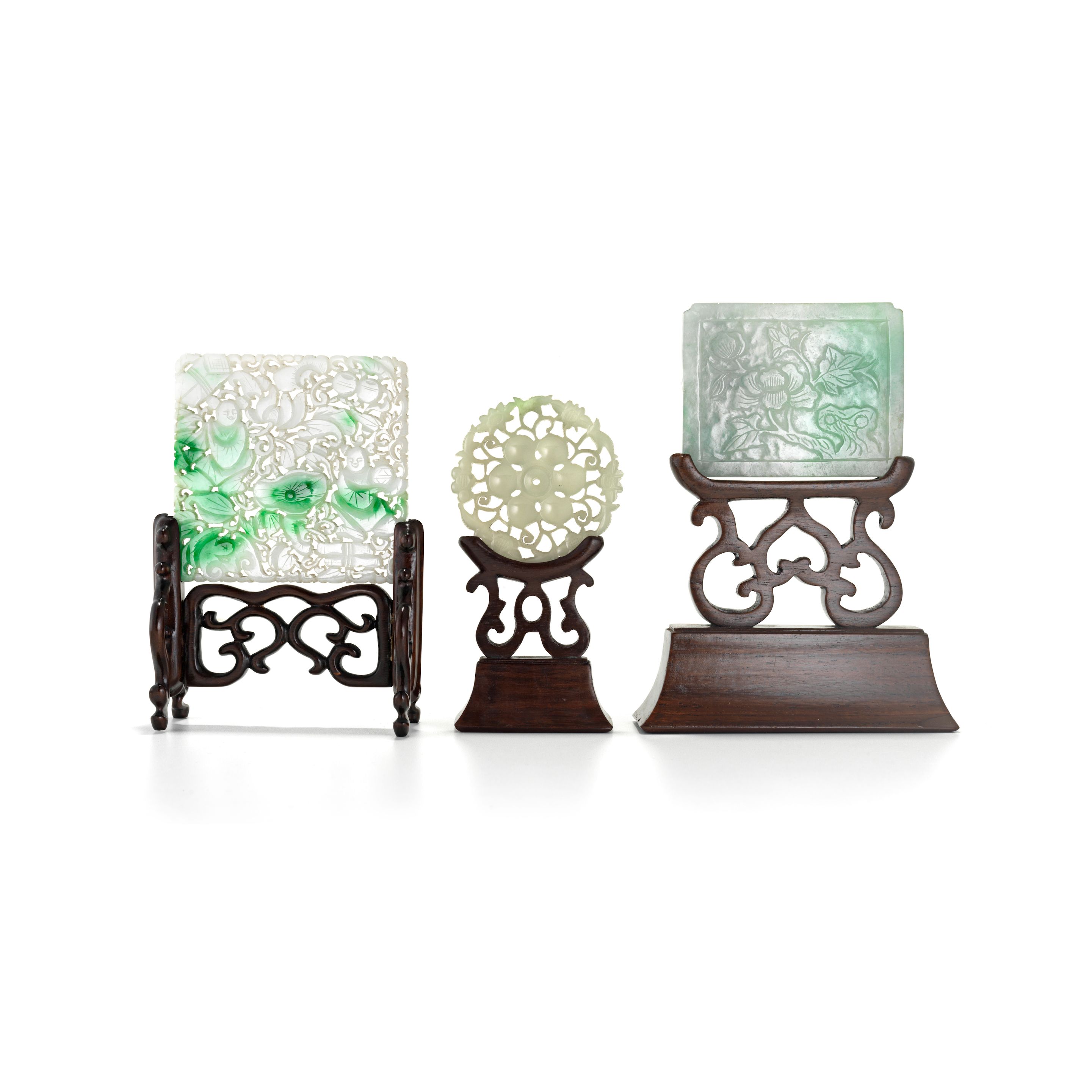 Bonhams : Three jade decorations a belt buckle, a plaque and a floral ...