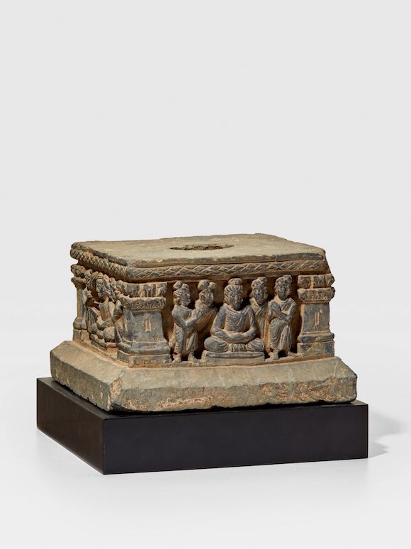 Bonhams : A SCHIST HARMIKA BLOCK WITH BUDDHA BEING VENERATED ANCIENT ...