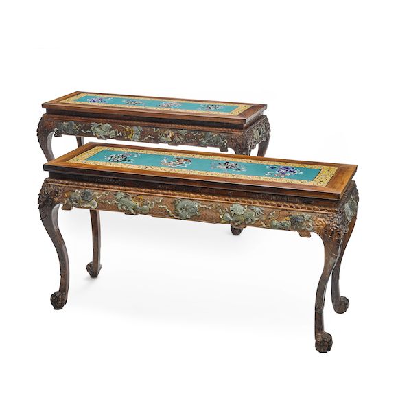 Bonhams : A Pair of Cloisonne and Hardstone mounted side tables 20th ...
