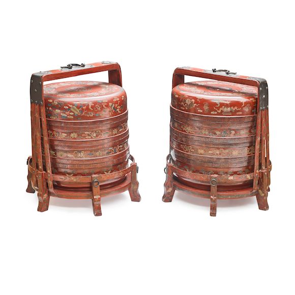 Bonhams : A Pair of Chinese Chinese Gilt Decorated Red Lacquered ...