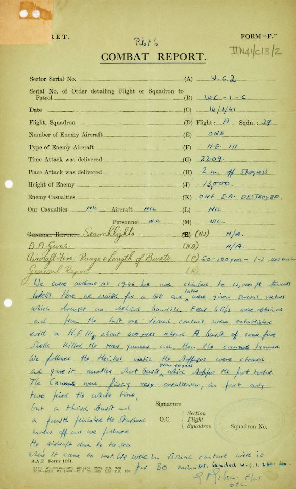 Bonhams : WORLD WAR II: COMBAT REPORT BY GUY GIBSON A RAF pilot's ...