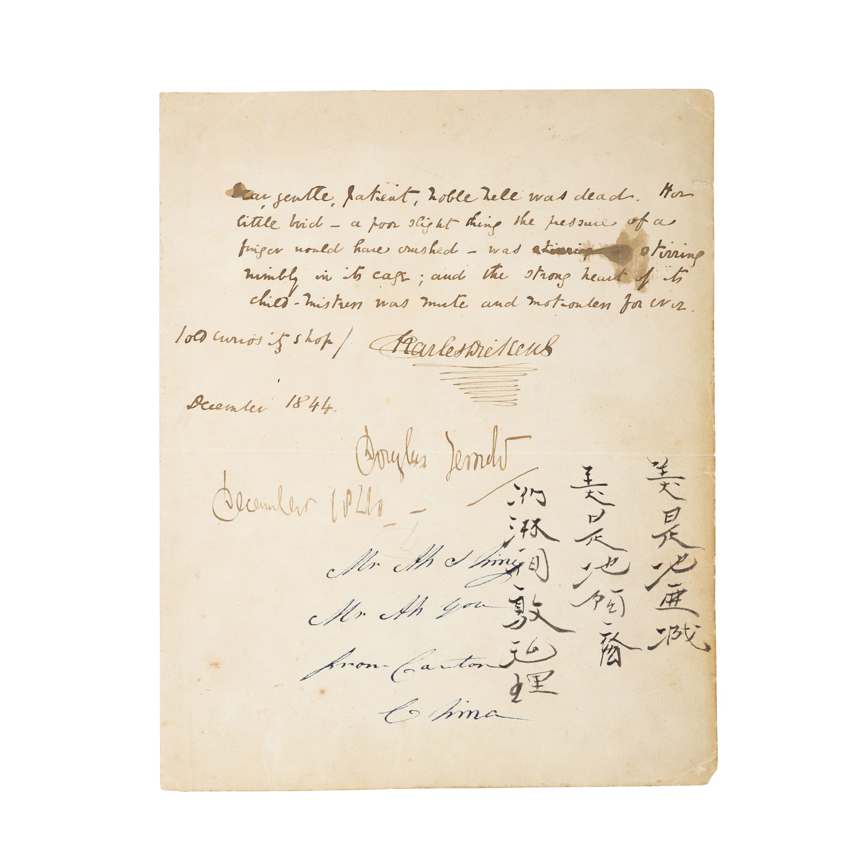 Bonhams : AUTOGRAPH QUOTATION ON THE DEATH OF LITTLE NELL. DICKENS ...