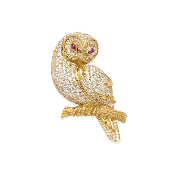 Bonhams : Gold, Diamond and Ruby Owl Brooch