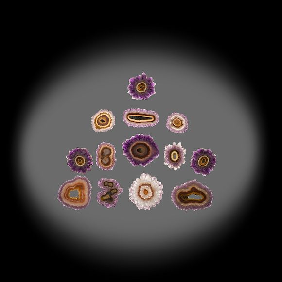 Bonhams : Thirteen Amethyst Stalactite Cross-Section Slices