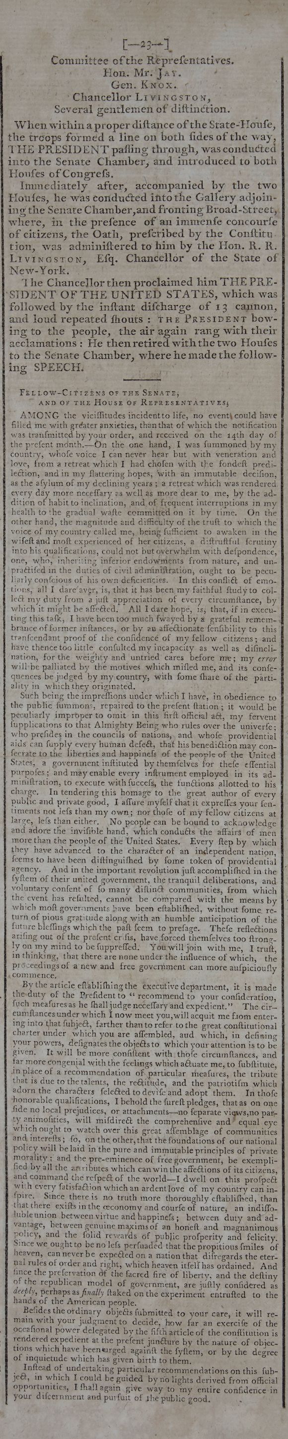 Bonhams : WASHINGTON'S FIRST INAUGURAL ADDRESS. Gazette of the United ...