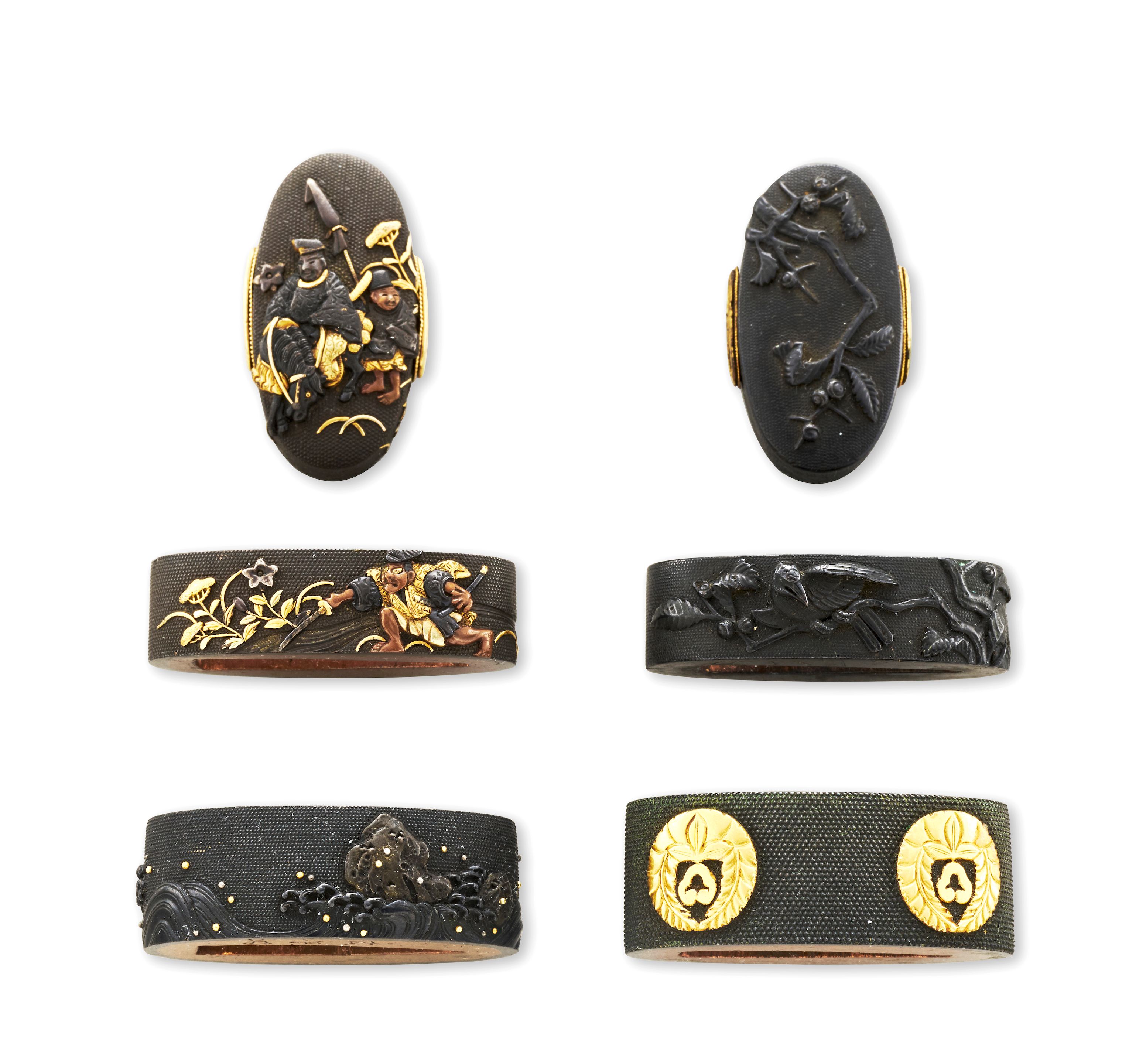 Bonhams : Two pairs of shakudo fuchi-gashira, and two shakudo fuchi Edo ...