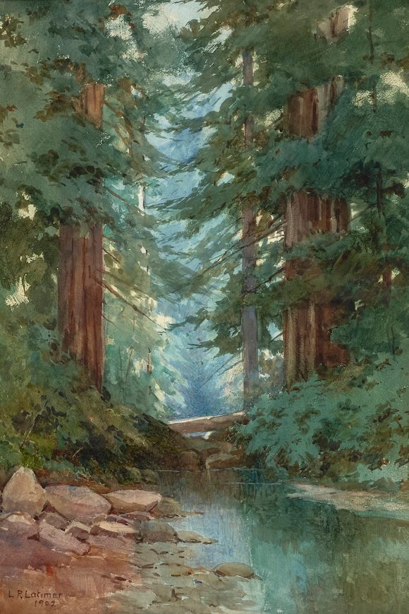 Bonhams : Lorenzo P. Latimer (1857-1941) Stream in the Redwoods 20 x 13 ...