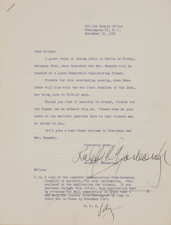 Bonhams : JFK GOES TO TEXAS. YARBOROUGH, RALPH W. 1903-1996. Typed ...