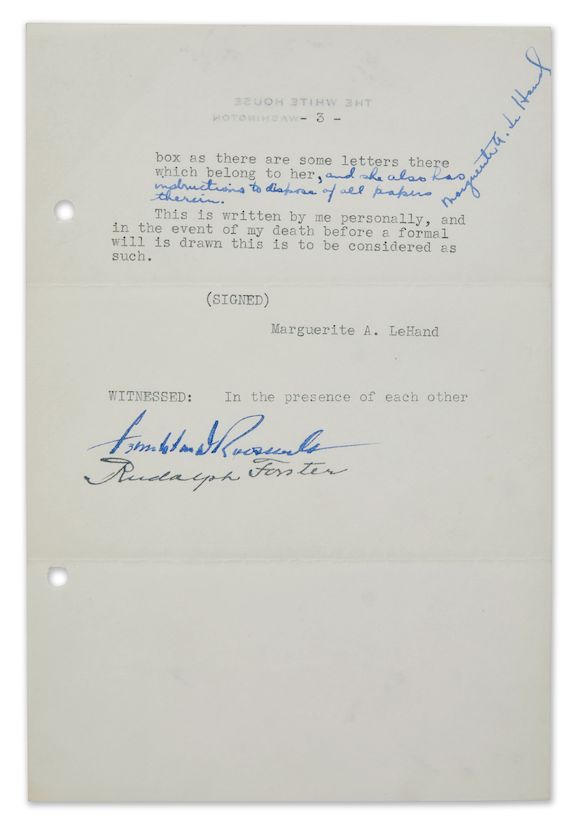 Bonhams : MISSY LEHAND'S LAST WILL AND TESTAMENT SIGNED BY FDR ...
