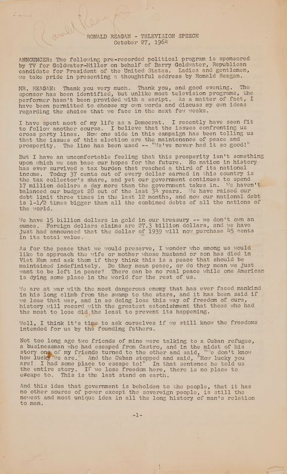 Bonhams : REAGAN'S "A TIME FOR CHOOSING" TELEVISION SPEECH. REAGAN ...