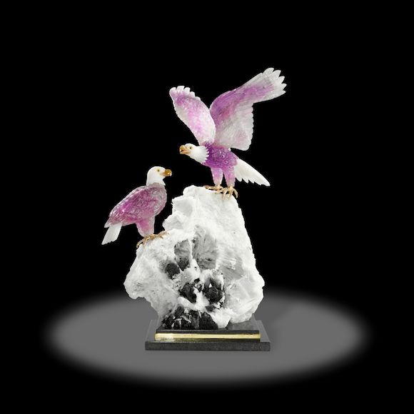 Bonhams : Amethyst and White Quartz Carving on Albite and Tourmaline ...