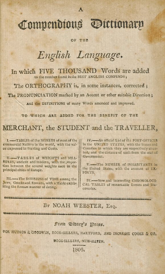 Bonhams : WEBSTER, NOAH. 1758-1843. A Compendious Dictionary of the English Language. Hartford ...