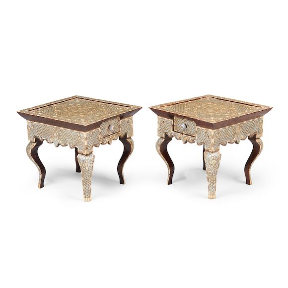 Bonhams : A pair of Levantine style bone and shell inlaid side tables