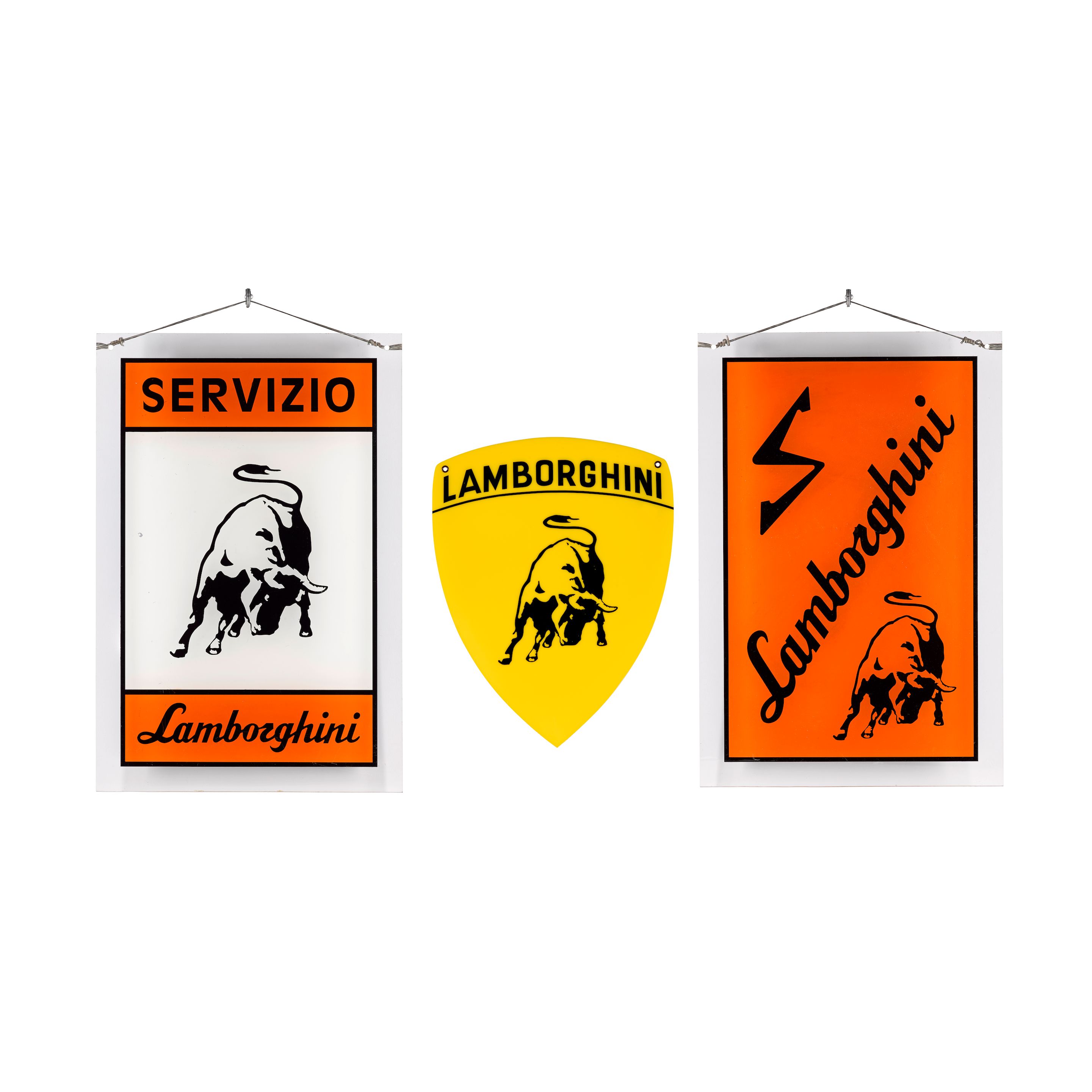 Bonhams Cars : A three Lamborghini showroom display signs,