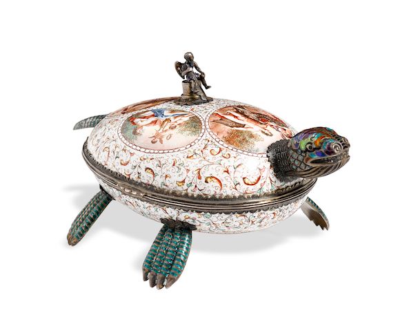 Bonhams : A VIENNESE ENAMEL AND PARCEL GILT SILVER TURTLE FORM BOX In ...