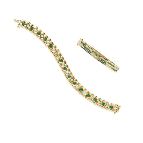 Bonhams Two Gold Emerald And Diamond Bracelets