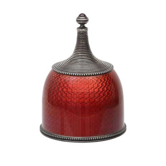 Bonhams : A RUSSIAN JEWELED SILVER AND GUILLOCHÉ ENAMEL GUM POT mark of ...