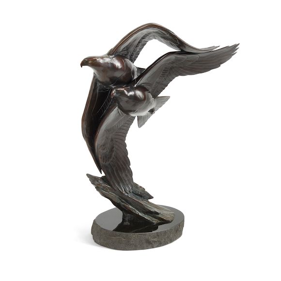 Bonhams : A PATINATED BRONZE GROUP OF TWO EAGLES IN FLIGHT: WINDBORNE ...