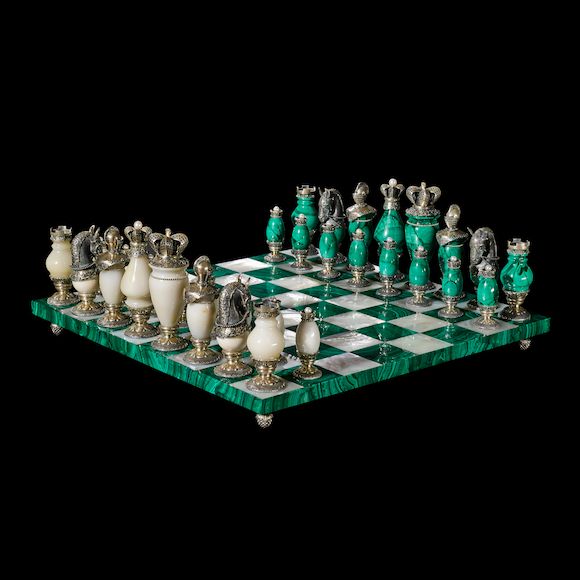 Bonhams : GEM-ENCRUSTED MALACHITE AND MOTHER-OF-PEARL CHESS SET By ...