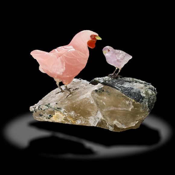 Bonhams : Rose Quartz Hen with Chick on Quartz Base by Peter Muller