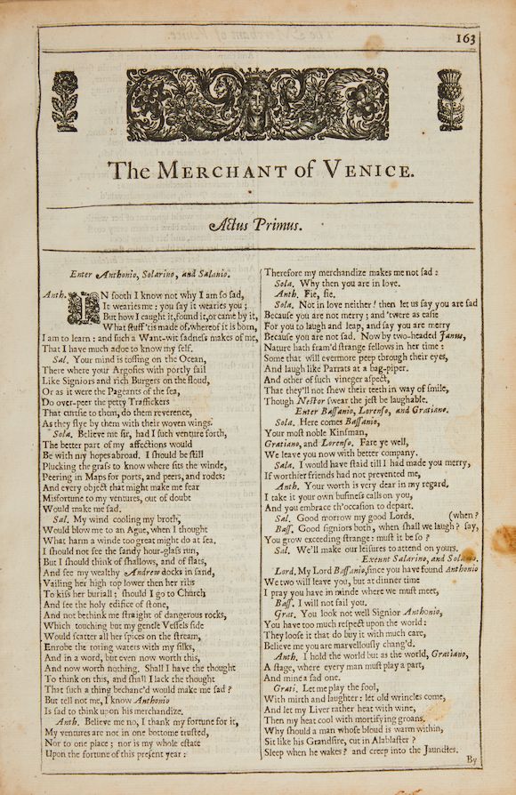 Bonhams : SHAKESPEARE, WILLIAM. 1564-1616. The Merchant of Venice ...