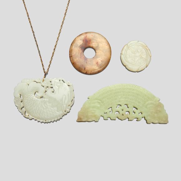 Bonhams : Three jade and one hardstone carvings 'dragon-fish' plaque ...
