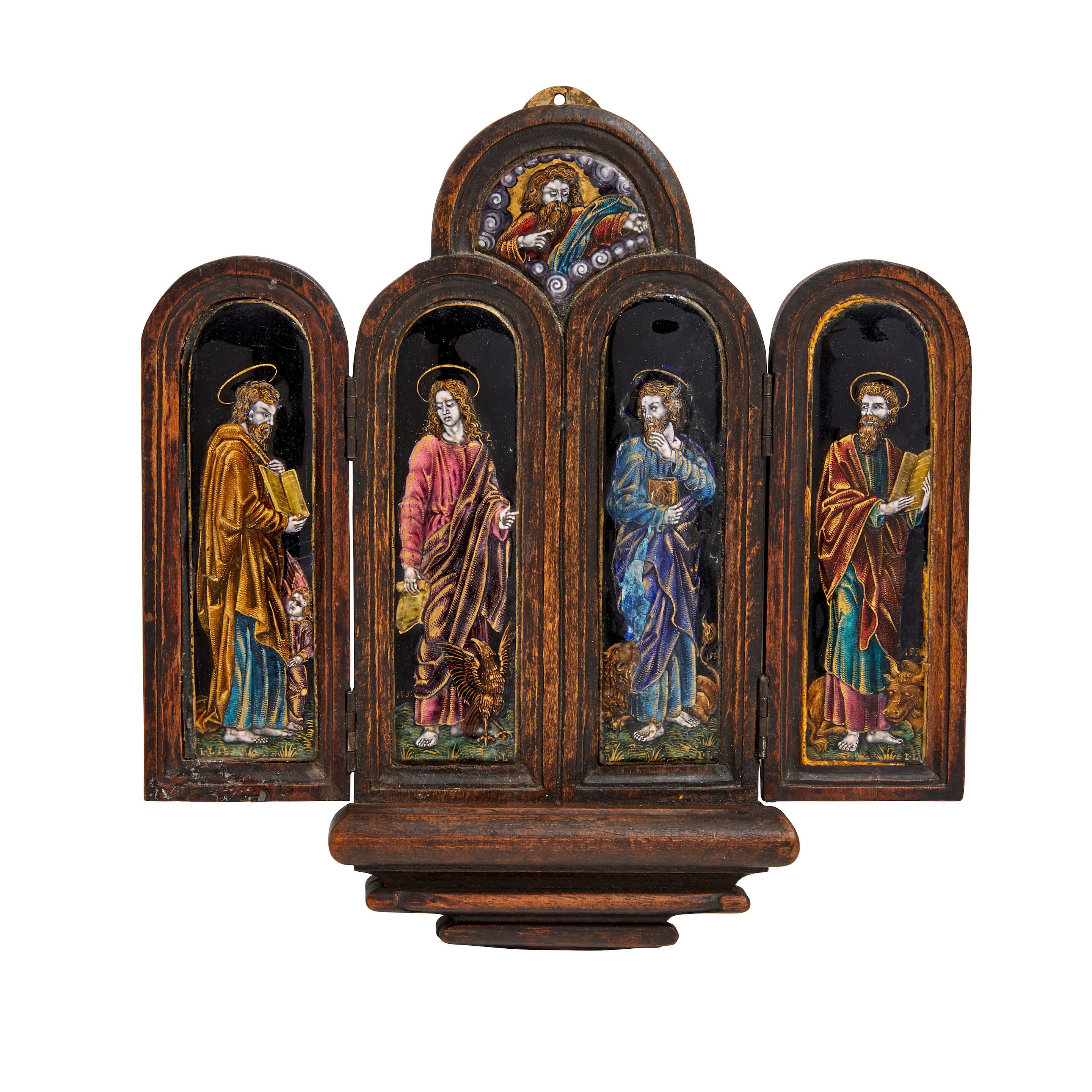 Bonhams : A LIMOGES ENAMEL PENTAPTYCH DEPICTING THE FOUR EVANGELISTS CENTERED BY GODEarly 19th ...