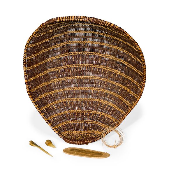 Bonhams : A Yokuts winnowing tray and implements