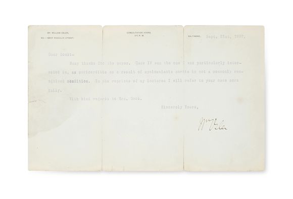 Bonhams : OSLER, WILLIAM. 1849-1919. Typed Letter Signed ("Wm Osler ...