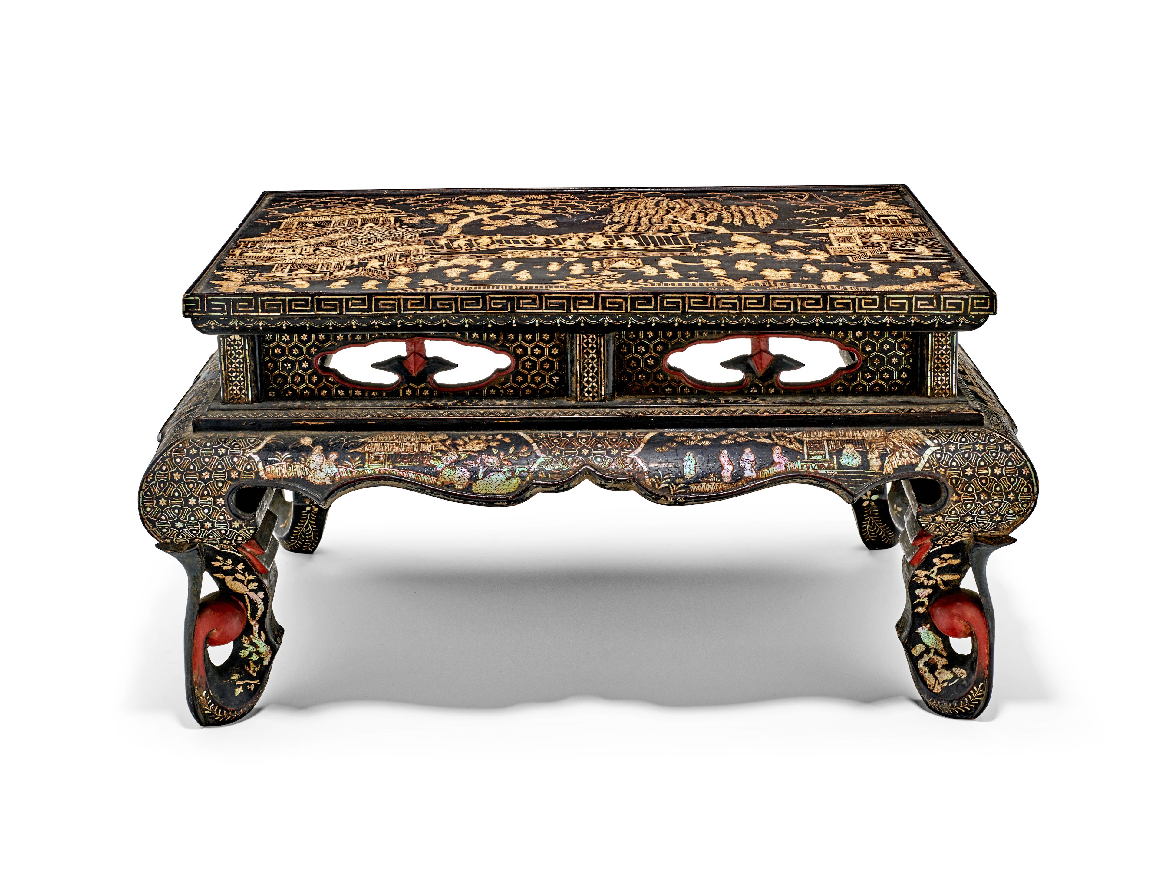 Bonhams : A RYUKYUAN MOTHER-OF-PEARL INLAID BLACK LACQUER RECTANGULAR LOW TABLE, KANG 17th century