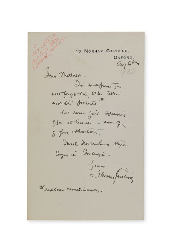 Bonhams : CUSHING, HARVEY. 1869-1939. Autograph Note Signed ("Harvey ...