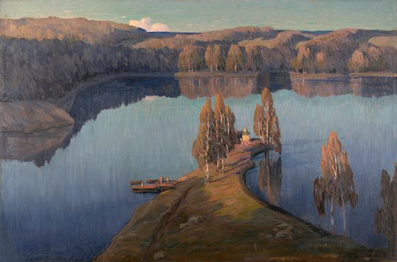 Bonhams : Petr Nikolaevich Vagner (Russian, 1862-1932) A chapel on Lake ...