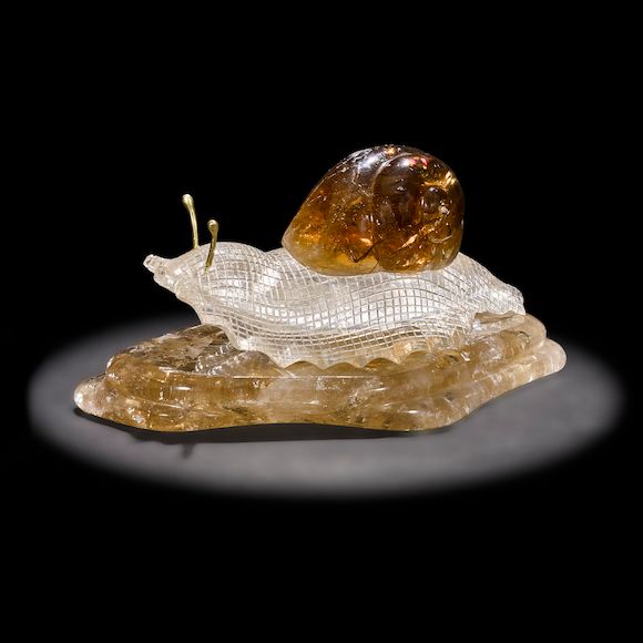 Bonhams : Smoky Rock Crystal Snail with Base