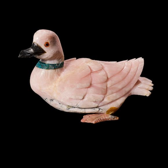 Bonhams : Pink Opal Carving of a Duck