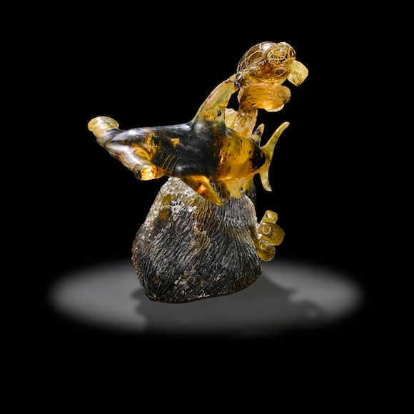 Bonhams : Amber Carving of Hammerhead Shark with Turtle