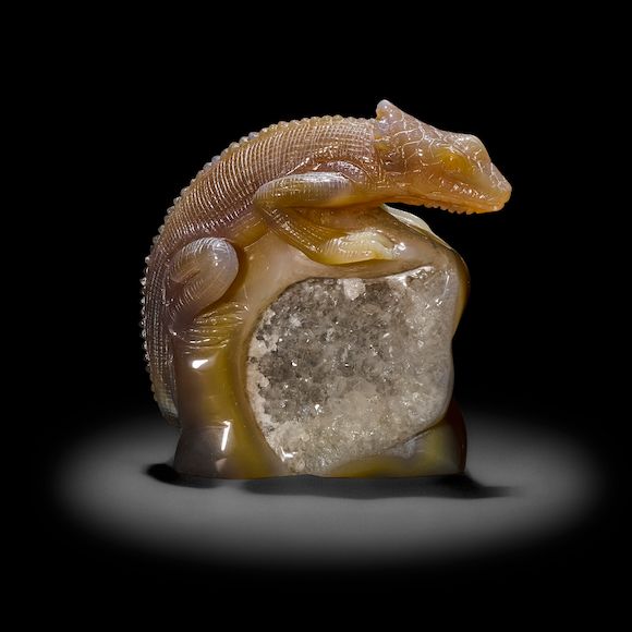 Bonhams : Druzy Agate Carving Depicting a Lizard