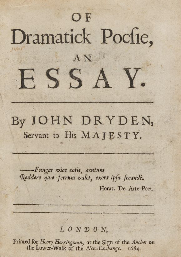Bonhams : DRYDENIANA. DRYDEN, JOHN. 1631-1700. Of Dramatick Poesie. An ...
