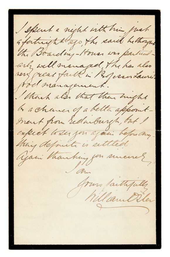 Bonhams : OSLER, WILLIAM. 1849-1919. Autograph Letter Signed (William ...