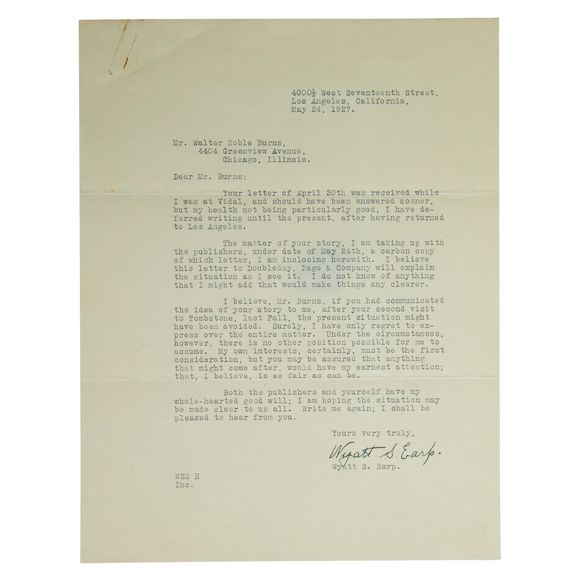 Bonhams : WYATT EARP LETTER TO WALTER NOBLE BURNS. EARP, WYATT. 1848 ...