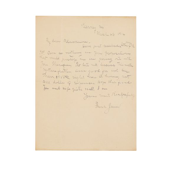 Bonhams : ALS OF FRANK JAMES. JAMES, FRANK. Autograph Letter Signed ...