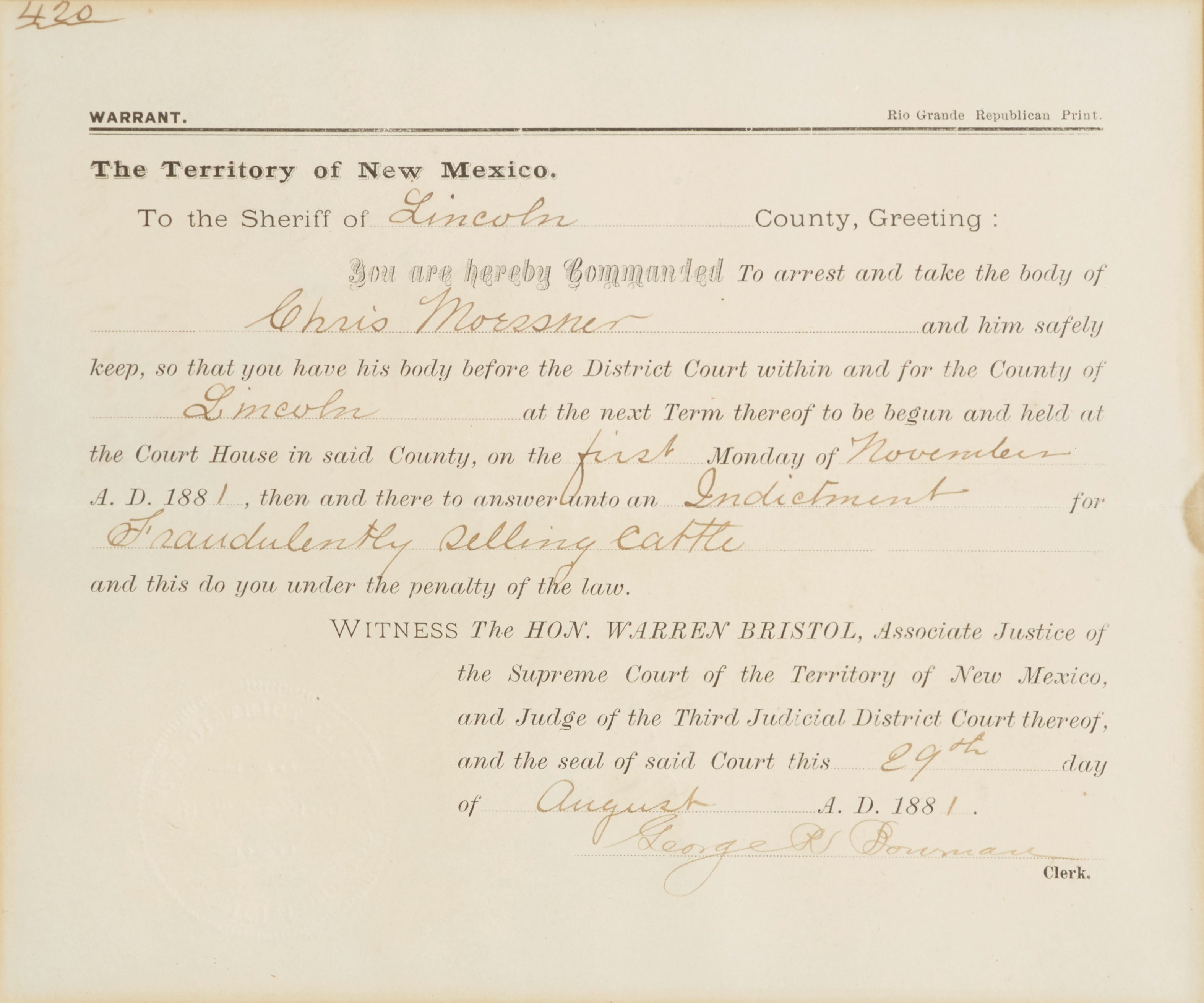 Bonhams : PAT GARRETT SIGNED WARRANT. Autograph Endorsement Signed (Pat ...